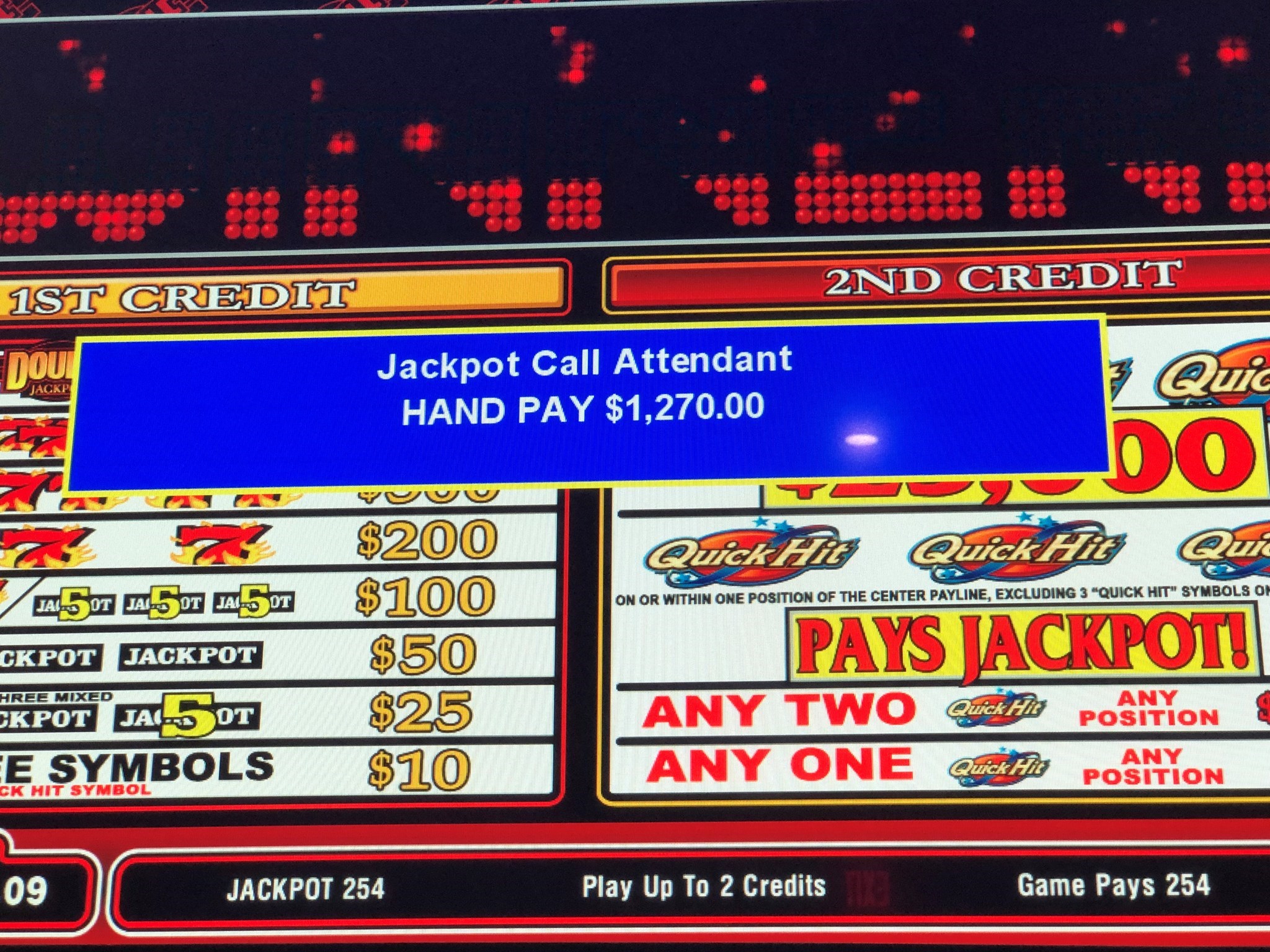 Jackpot won on a Quick Hit slot machine at Winstar in Okl...
